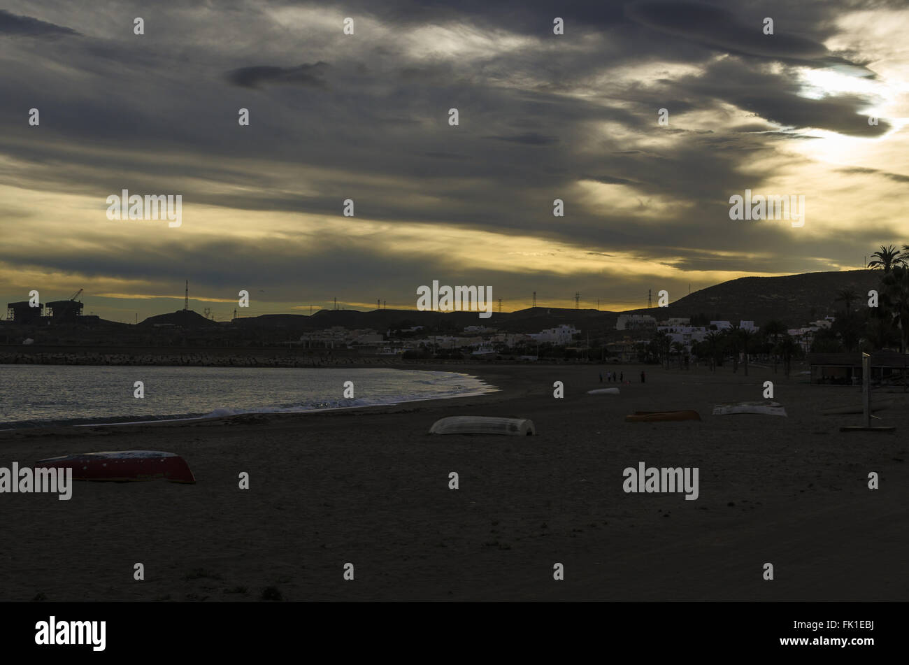 A beach landscape in the evening, Carboneras village, Almeria province ...