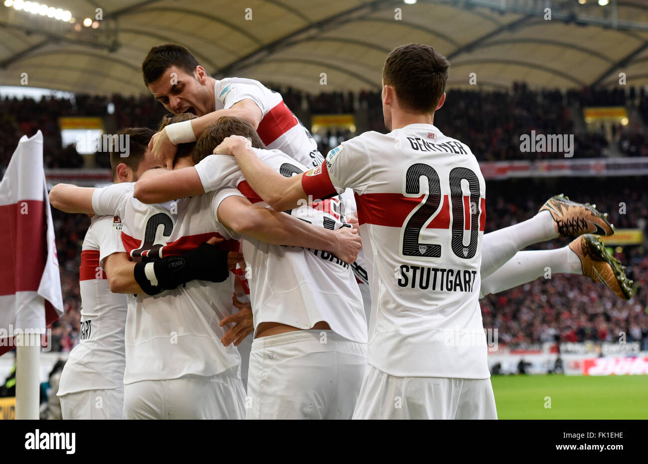 Stuttgart, Germany. 05th Mar, 2016. Stuttgart players celebrate the 1-0 ...