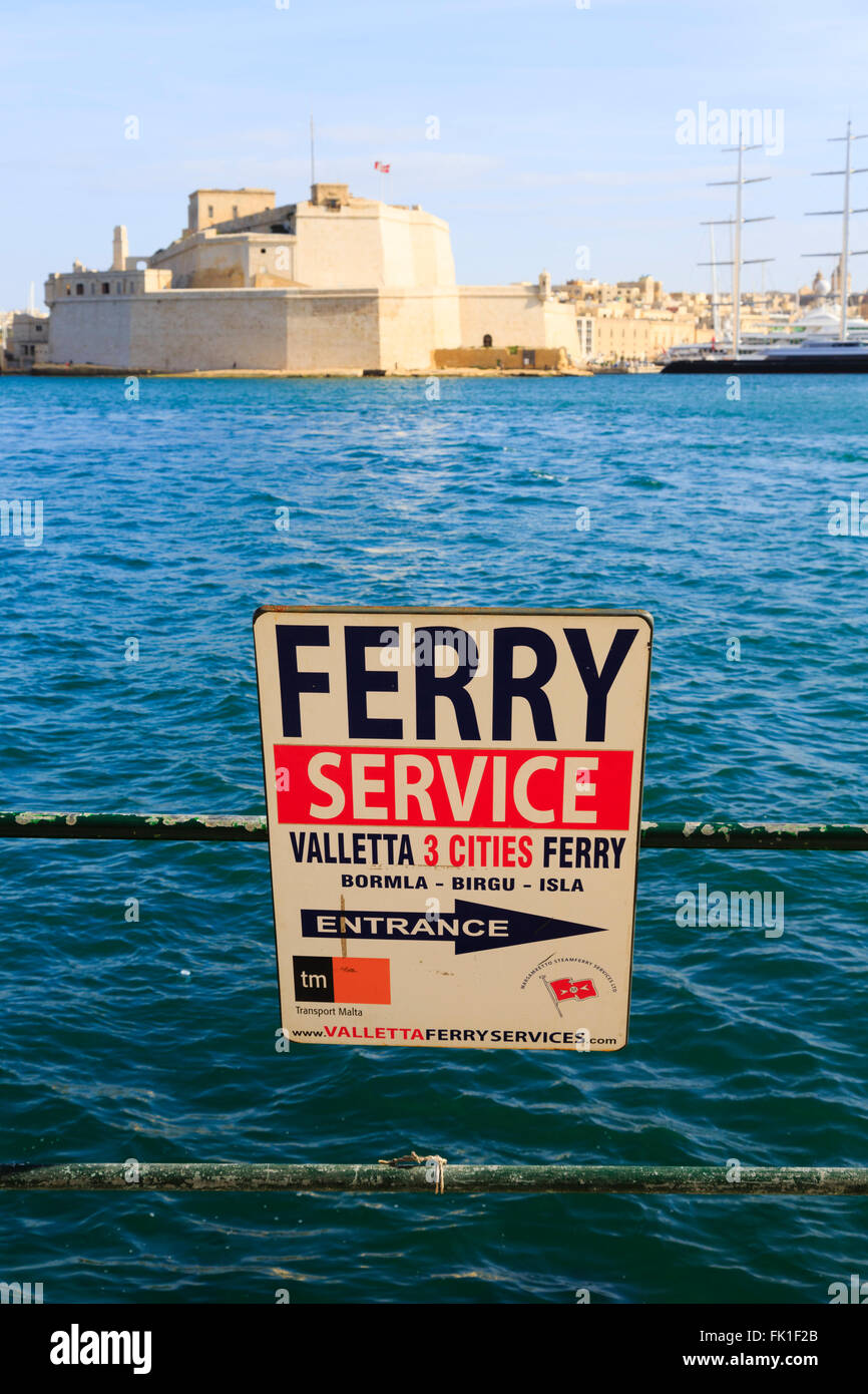Ferry sign, with Fort Saint Angelo in the background.Valletta, Malta ...