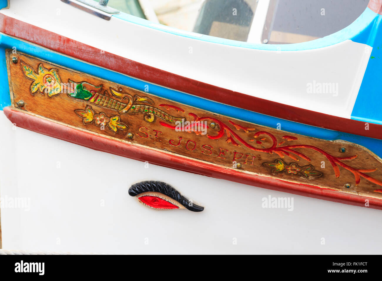 Eye of Osiris on traditional Maltese Luzzu fishing boat, Marsaxlokk ...