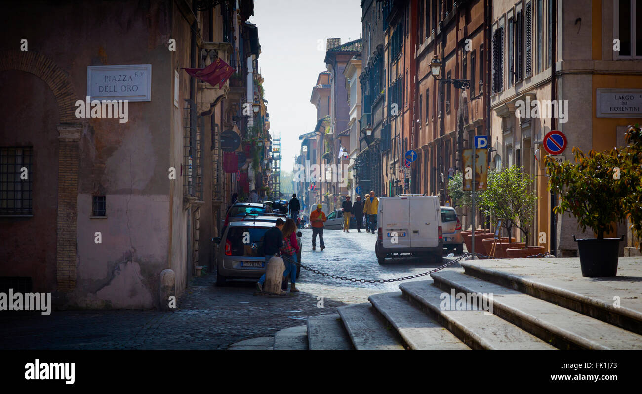Rome, Italy. Typical Roman street scene. Looking up Via Giulia from the ...