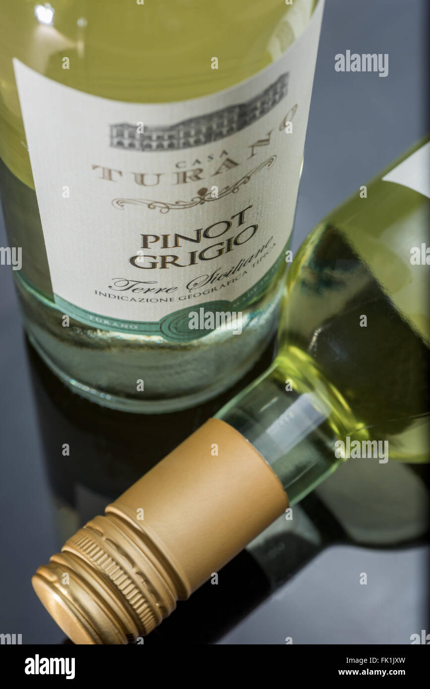 two bottles of Pinot grigio white wine against a black background Stock ...