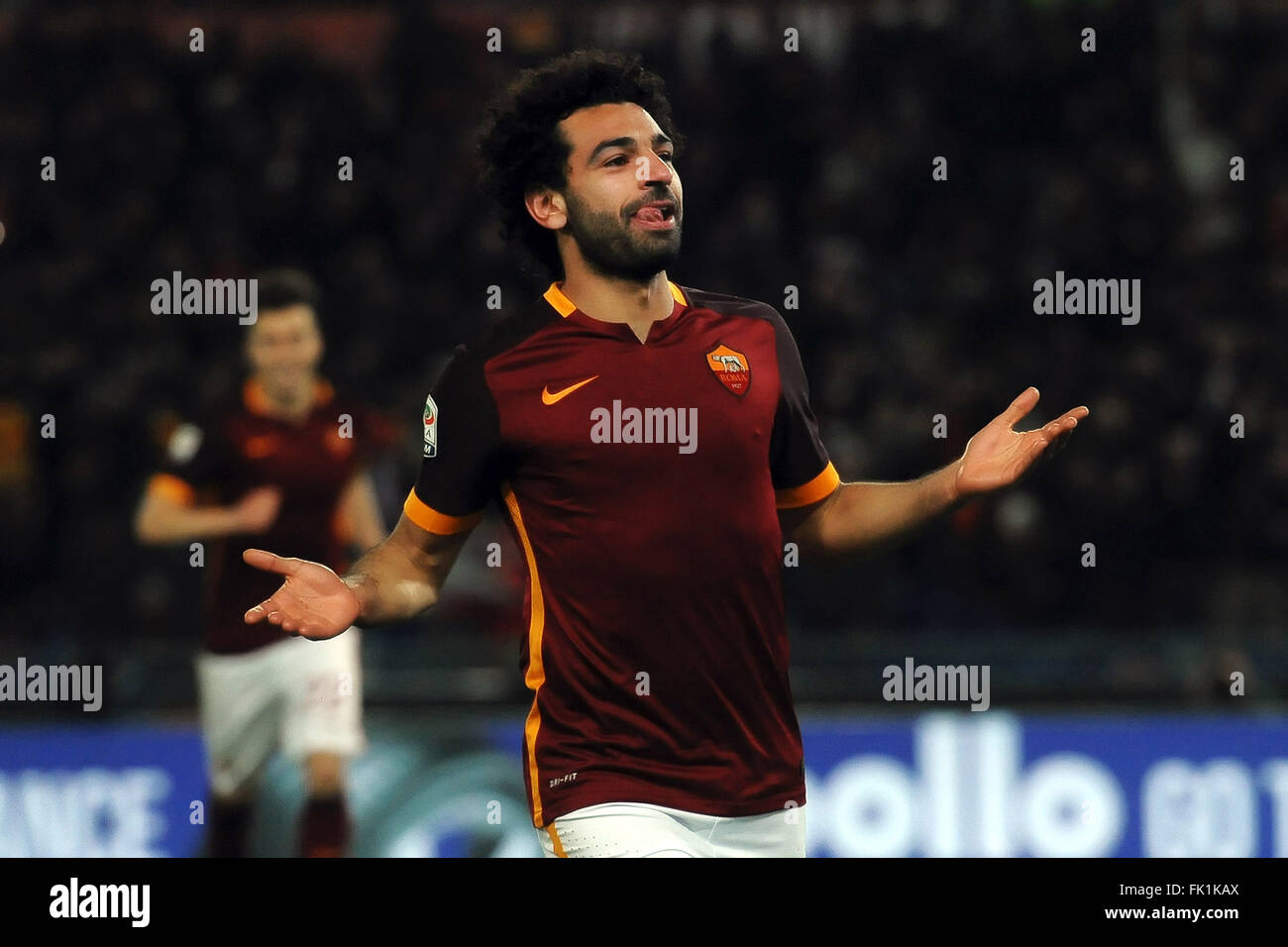 Rome, Italy. 4th March, 2016. AS Roma Mohamed Salah celebrates scoring ...