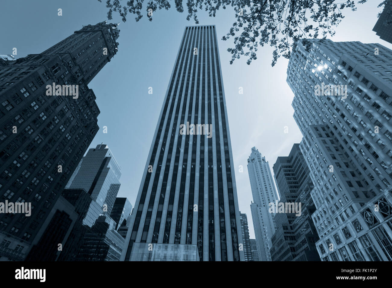 Blue toned image of Manhattan skyscraper, New York City. USA Stock ...