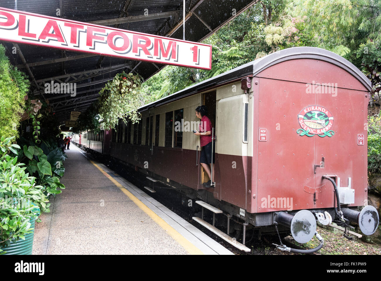 The Kuranda Scenic train at Kuranda village station in the Cairns ...