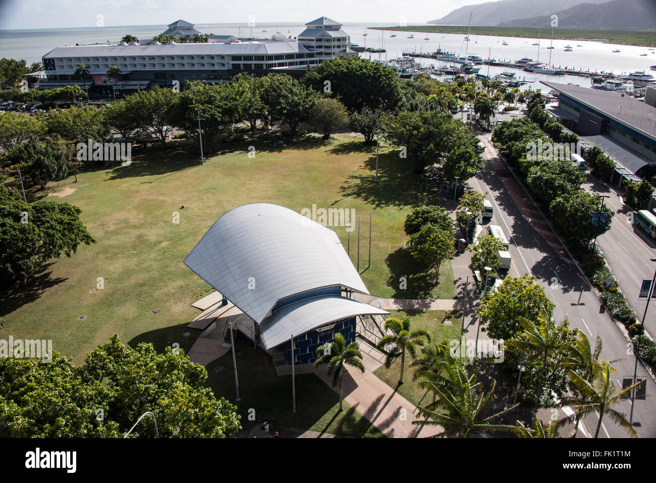 Skyline of Cairns towards the port and marina in Cairns, northern ...