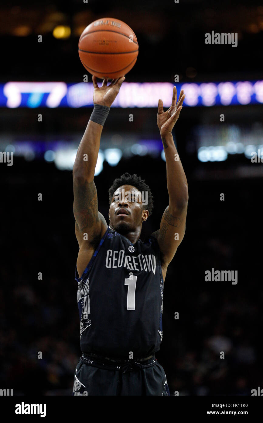 March 5, 2016: Georgetown Hoyas guard Tre Campbell (1) shoots the free ...
