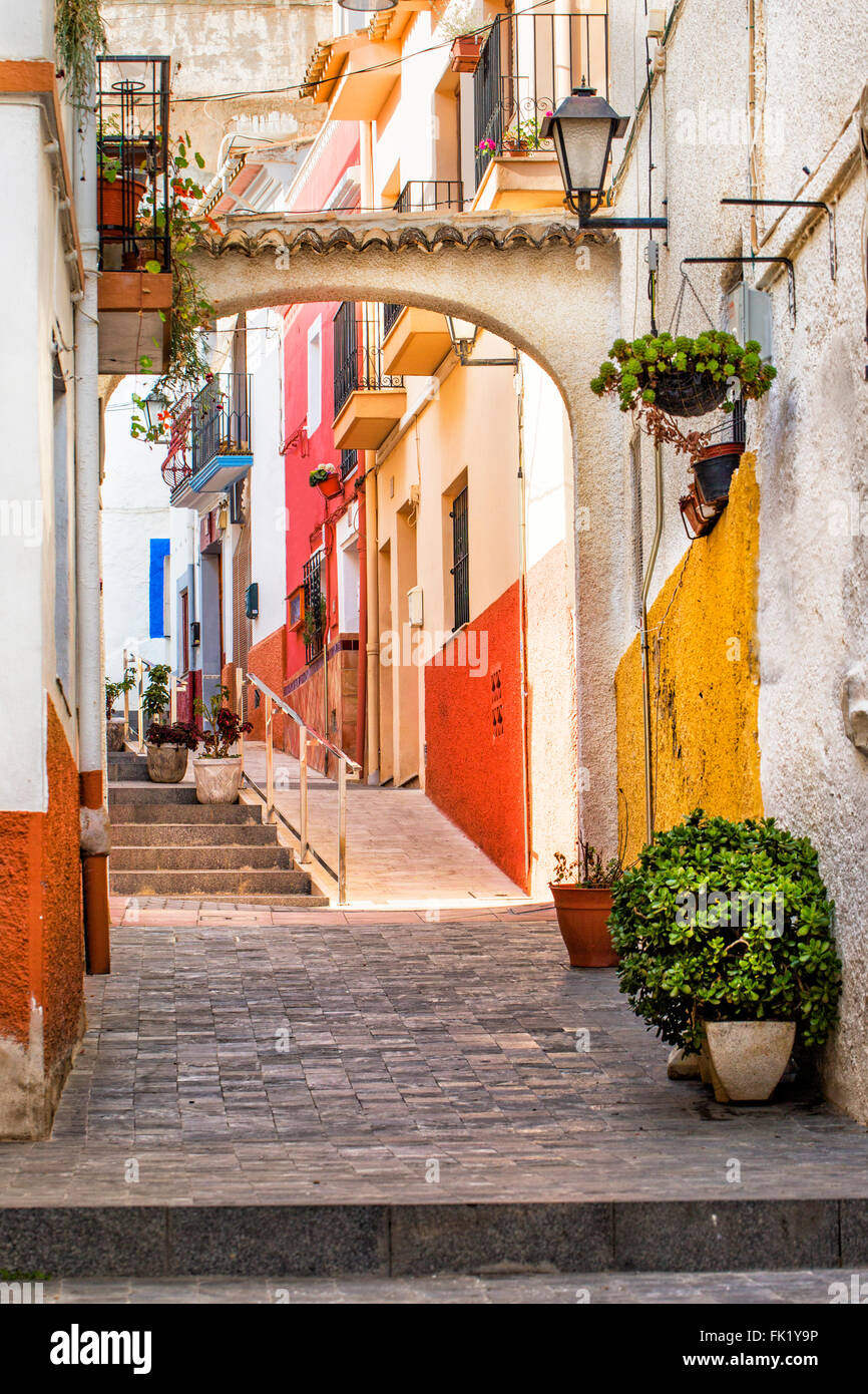 Street of the old town in the center of Calpe. Alicante. Spain Stock ...