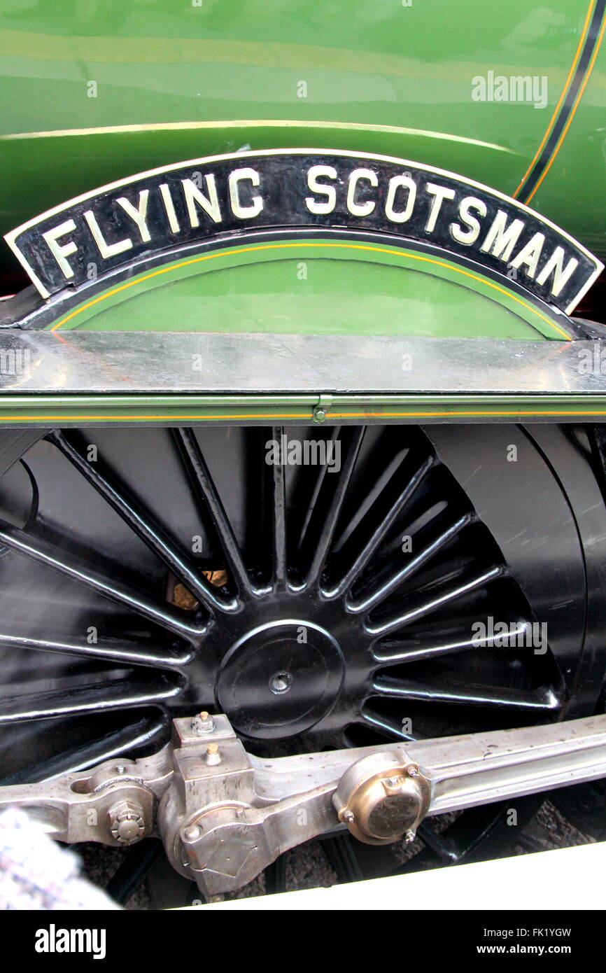 Wheel and name plate of the Flying Scotsman steam engine Stock Photo ...