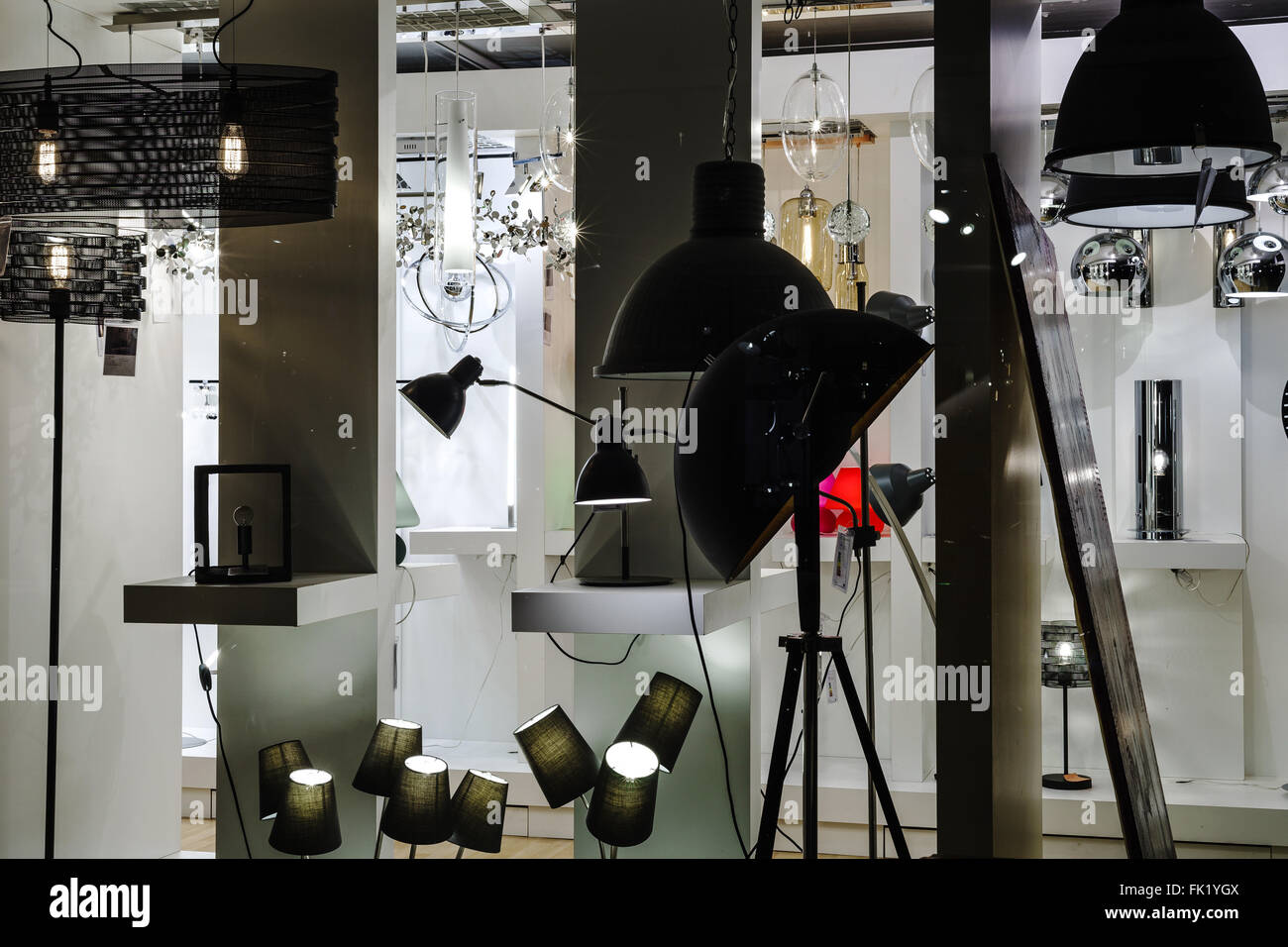 Artistic interior of furnityre shop. View through the window with ...