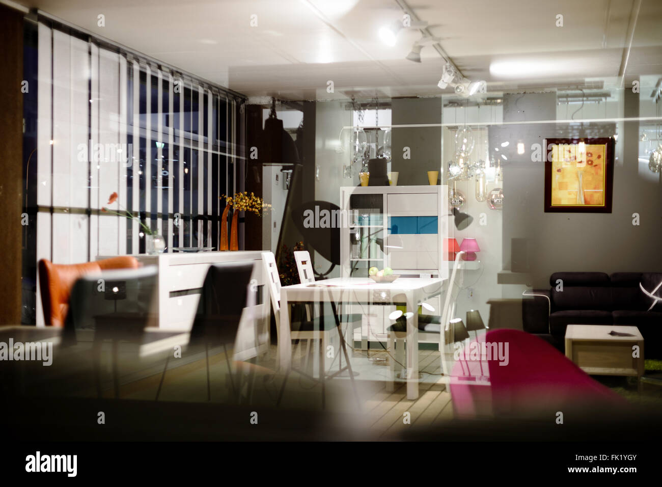 Artistic interior of furnityre shop. View through the window with ...
