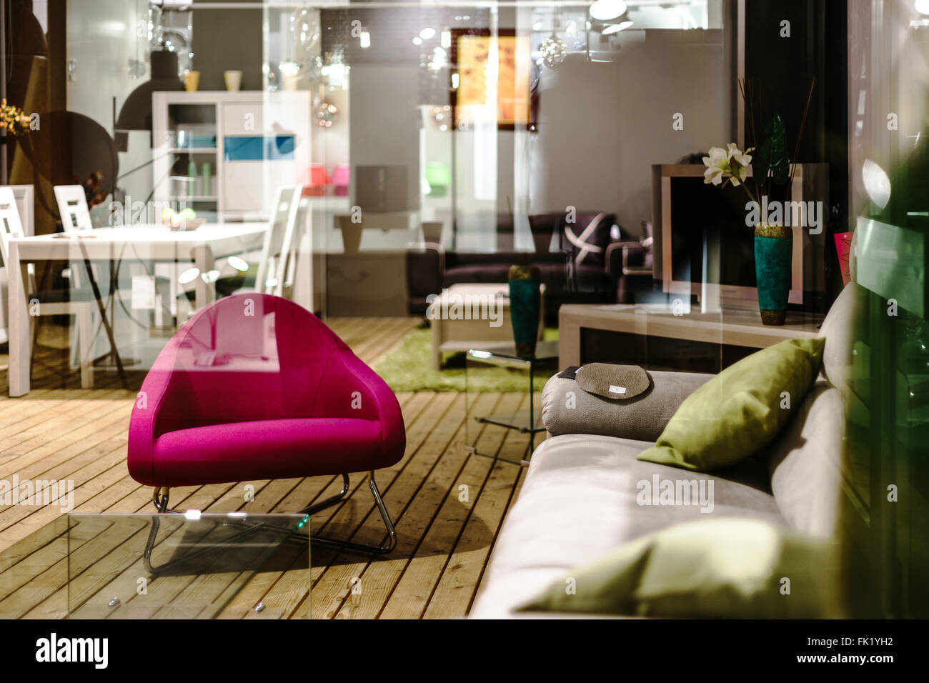 Artistic interior of furnityre shop. View through the window with ...