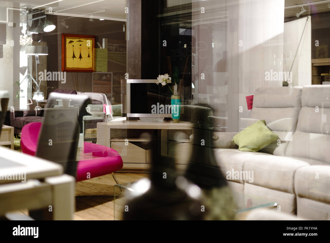 Artistic interior of furnityre shop. View through the window with ...