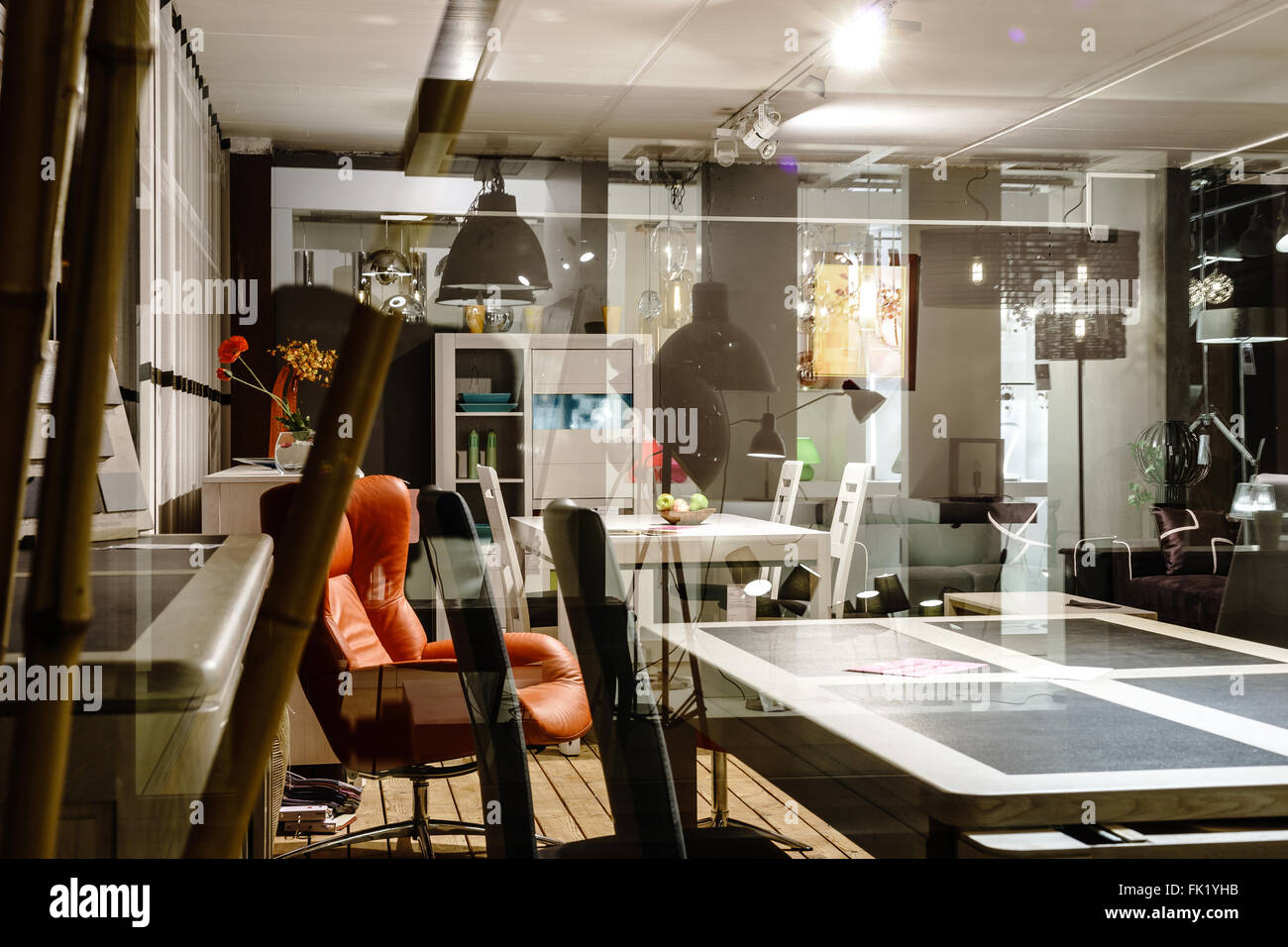 Artistic interior of furnityre shop. View through the window with ...