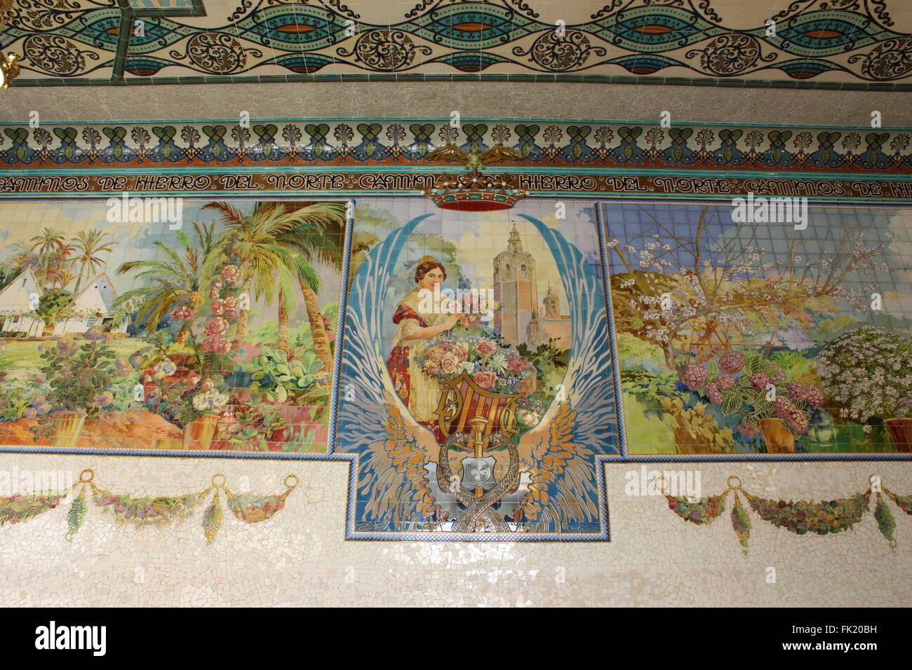 The Booking Hall at Valencia Railway Station with ornate tilework Stock ...