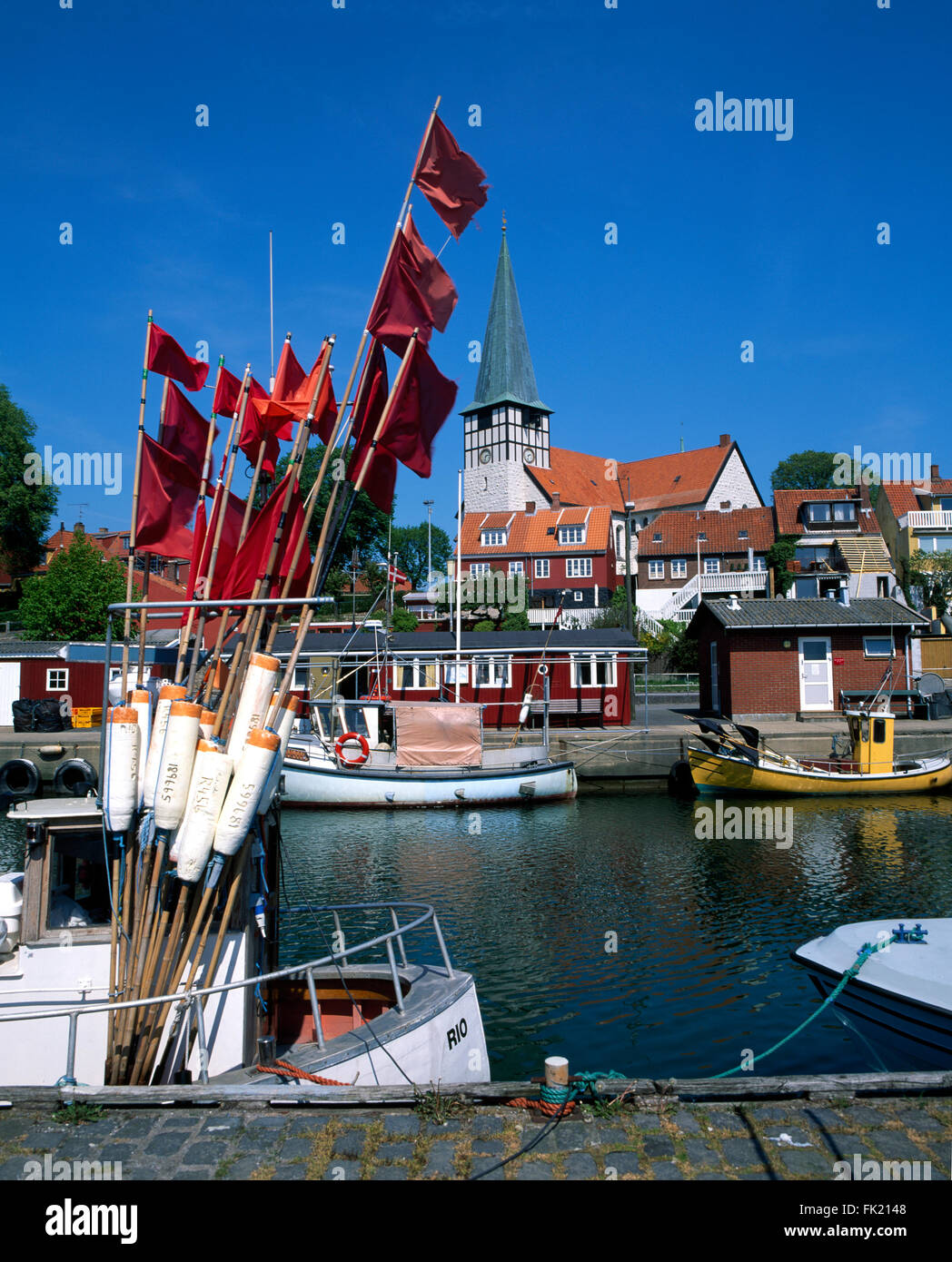 Old fishing harbour and St. Nikolas Church, Roenne, Bornholm island ...