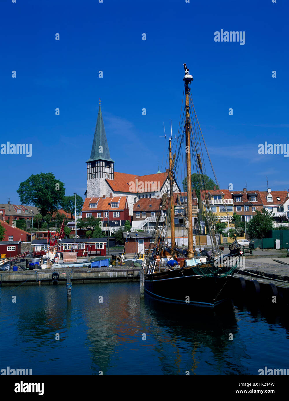 Old fishing harbour and St. Nikolas Church, Roenne, Bornholm island ...