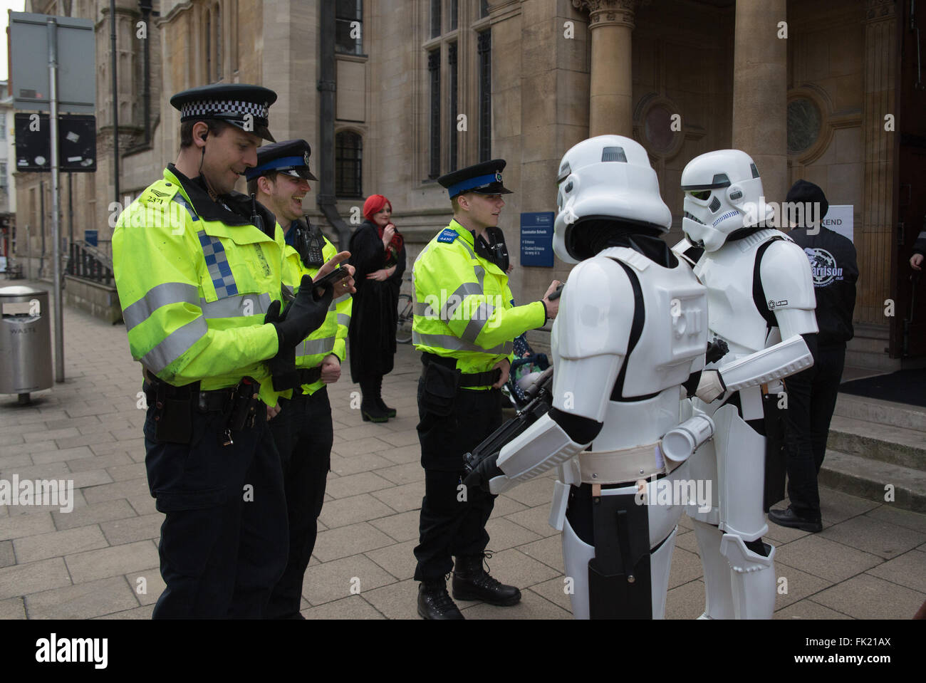 Oxford, UK. 5th March, 2016. Stormtrooper and police during First Comic ...