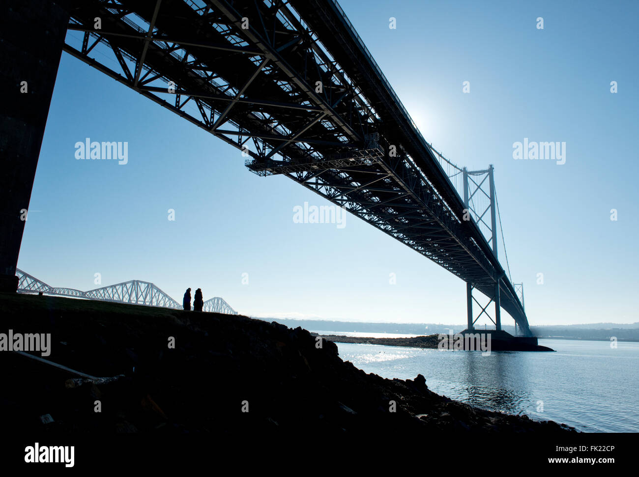 View of Forth Road Bridge. Looking south across the Firth of Forth from ...