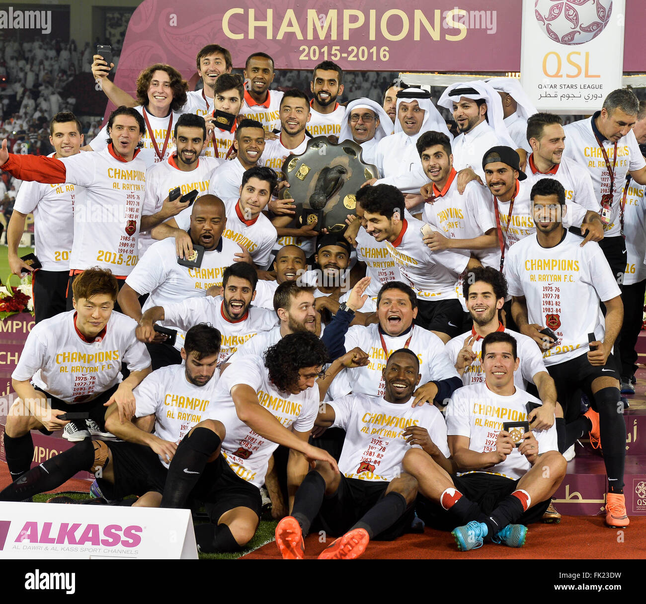 Doha. 5th Mar, 2016. Qatar's Al Rayyan players celebrate with the Qatar ...