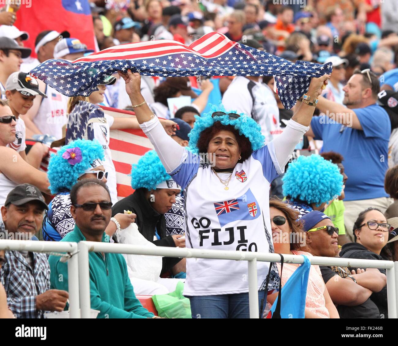 Las Vegas, NV, USA. 5th Mar, 2016. Fijian rugby fan waving a US flag in ...