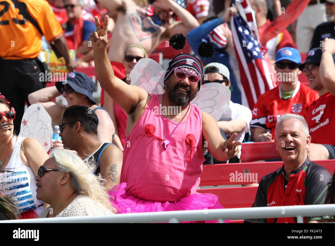 Las Vegas, NV, USA. 5th Mar, 2016. USA rugby fan wearing pink costume ...