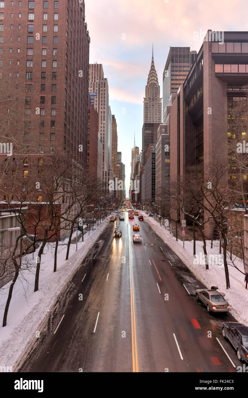 New York, New York, USA - January 24, 2016: The view looking west down ...