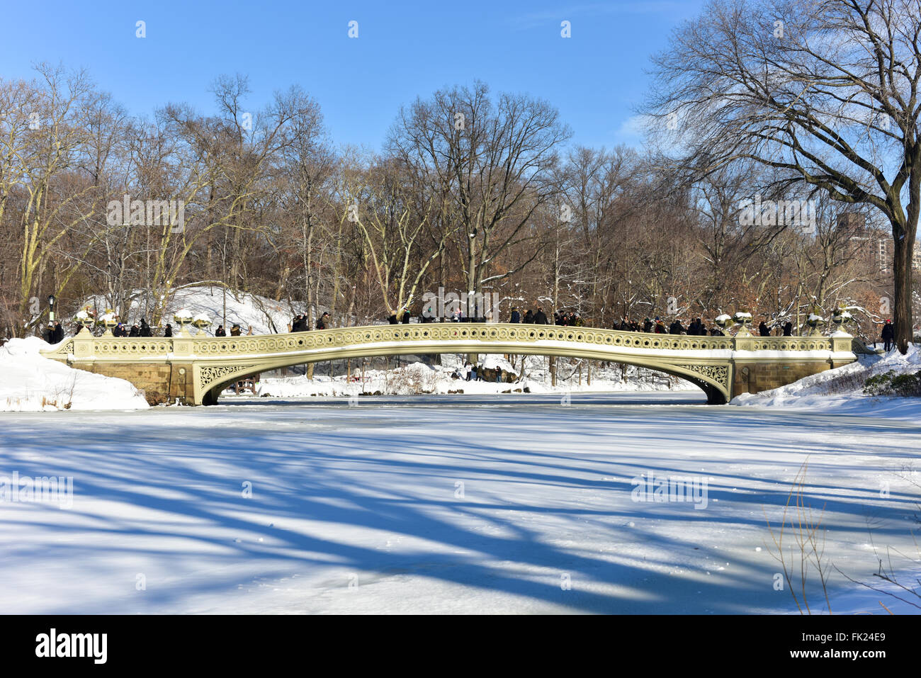 New York - January 24, 2016: The Bow Bridge is a cast iron bridge ...