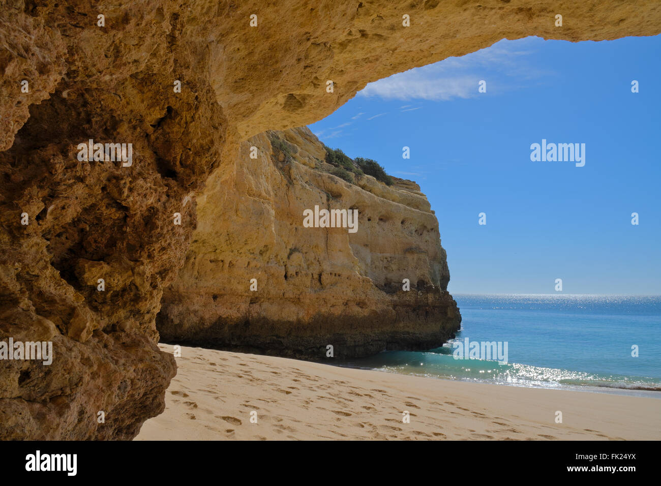 Beach scene in Albandeira Beach. Porches, Algarve, Portugal Stock Photo ...