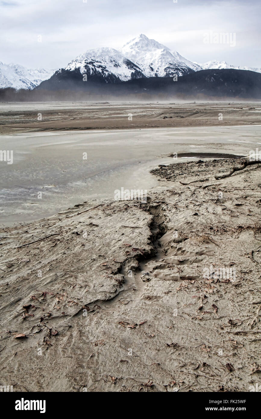 Chilkat river beach in Southeast Alaska during a windy dust storm with ...