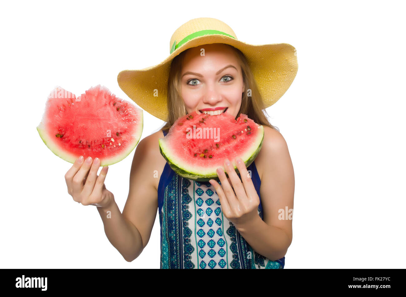 Woman with watermelon isolated on white Stock Photo - Alamy