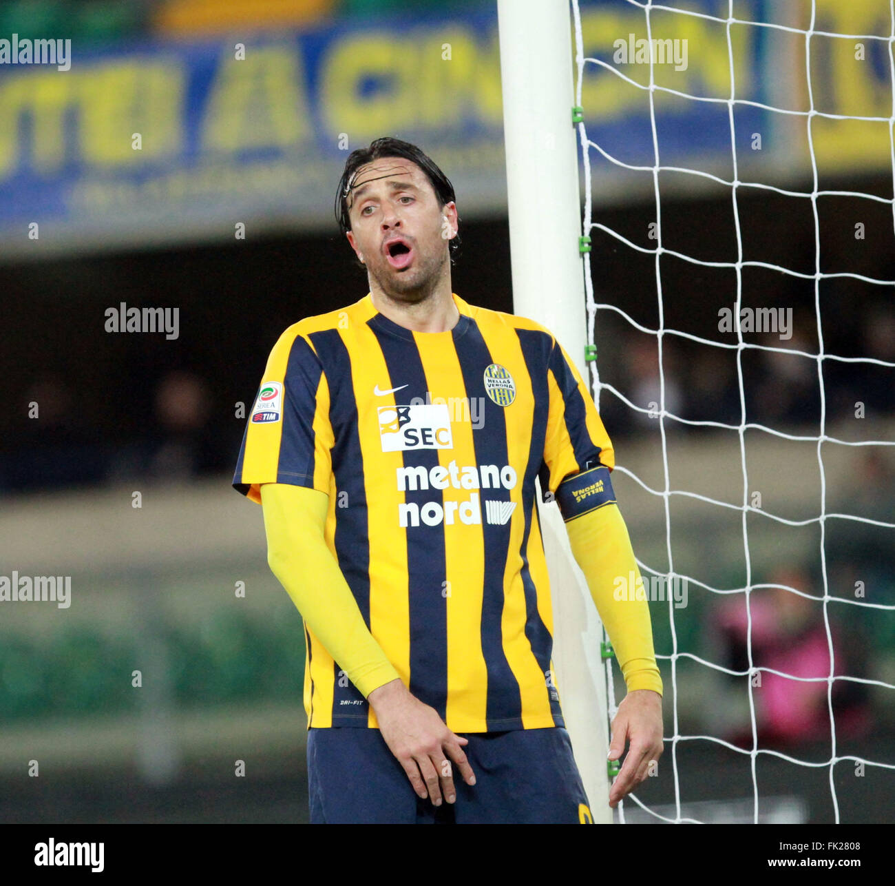 Verona, Italy. 05th Mar, 2016. Hellas Verona's forward Luca Toni reacts ...
