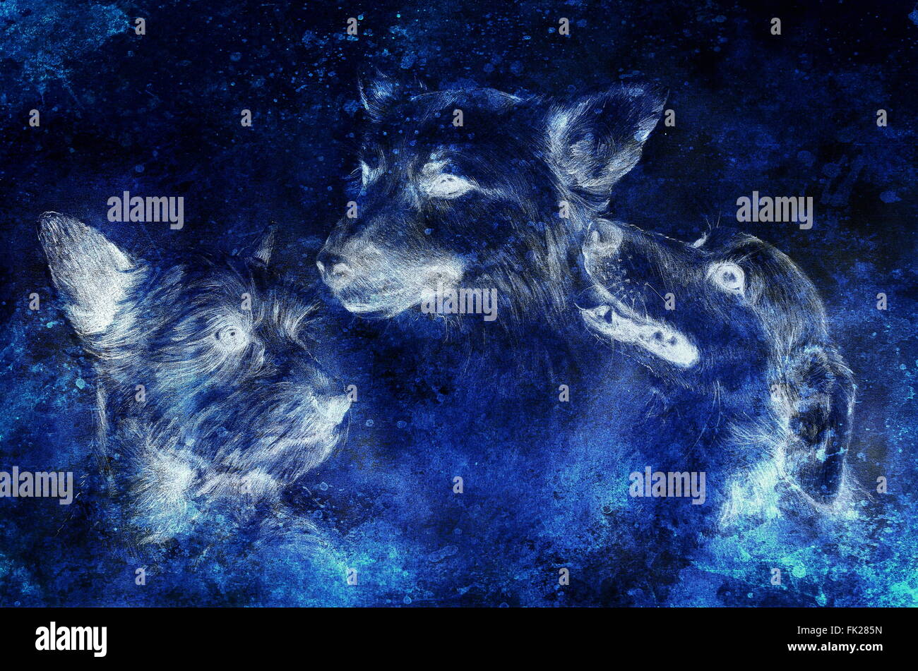 Dogs pencil drawing on old paper, vintage paper and old structure with ...