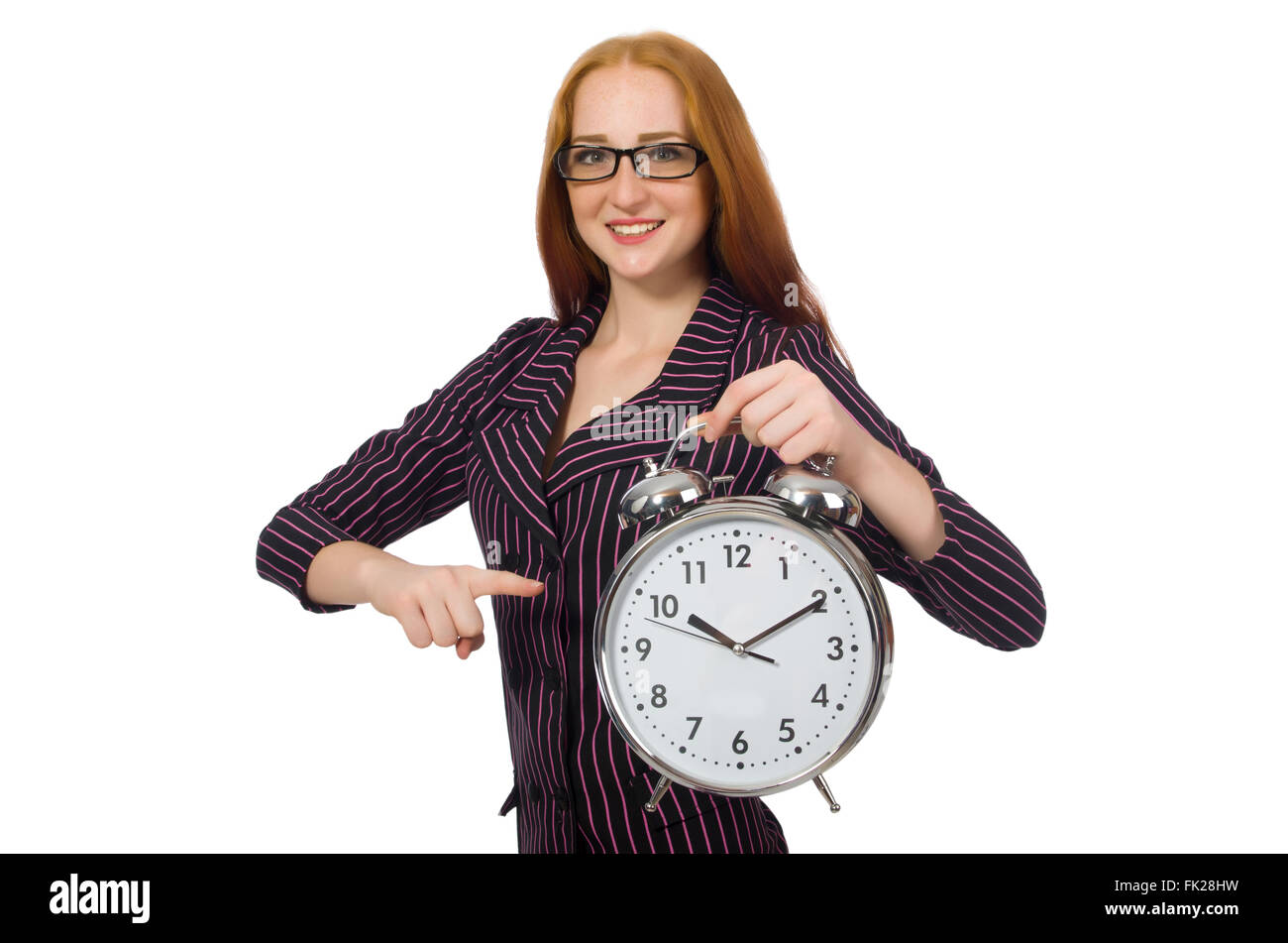 Pretty office employee with alarm clock isolated on white Stock Photo ...