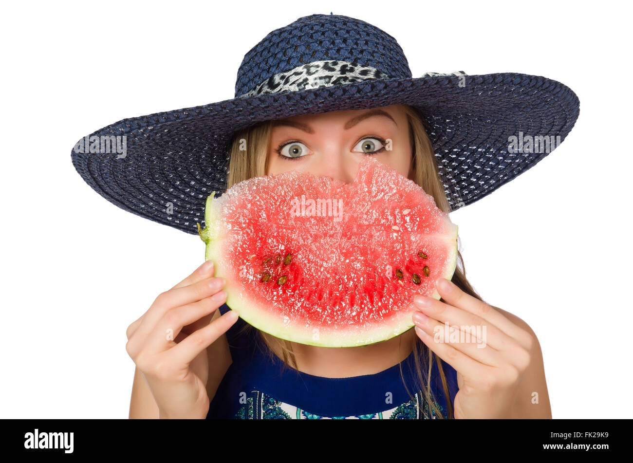 Woman eating watermelon isolated on white Stock Photo - Alamy