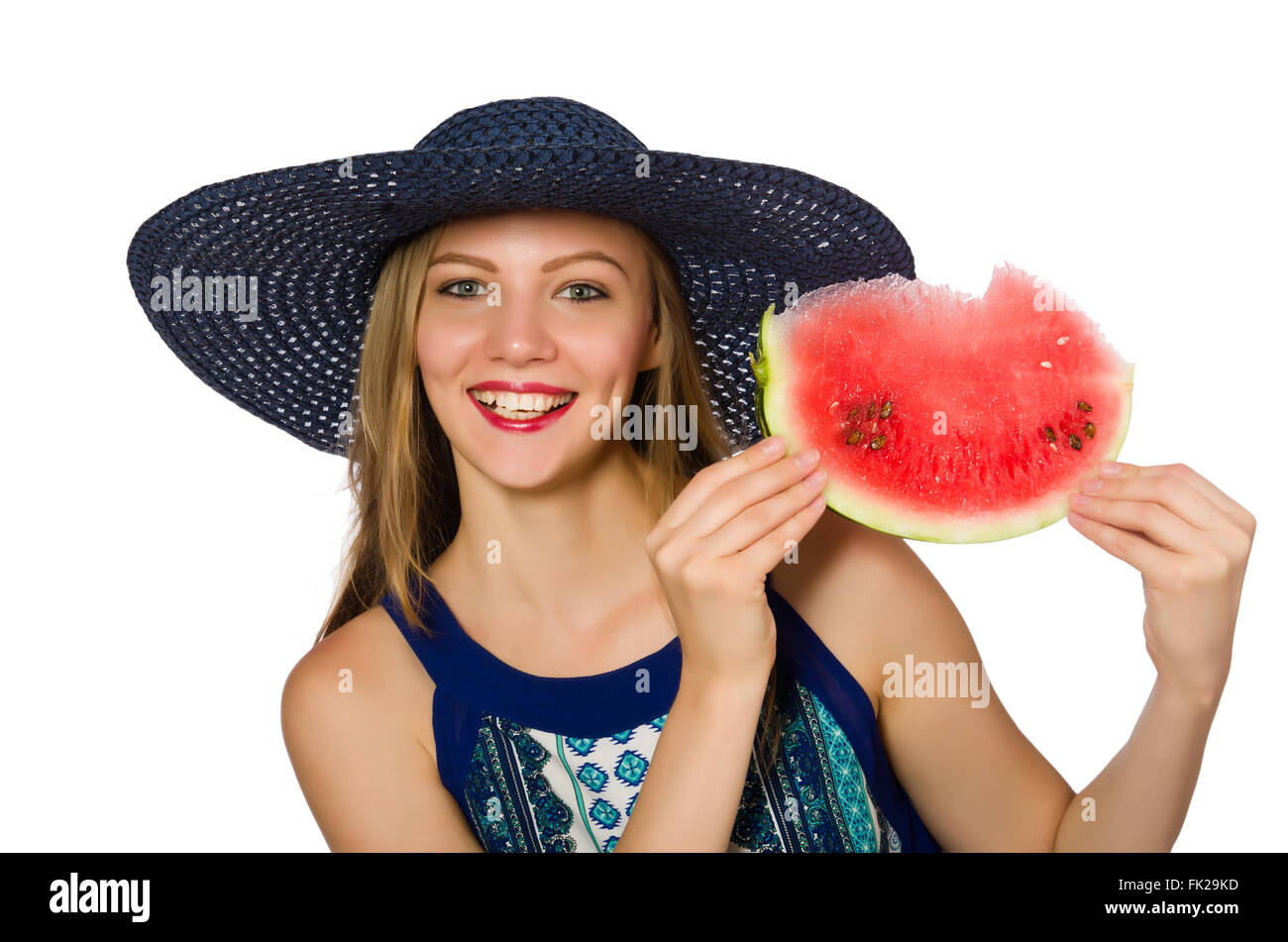 Woman eating watermelon isolated on white Stock Photo - Alamy