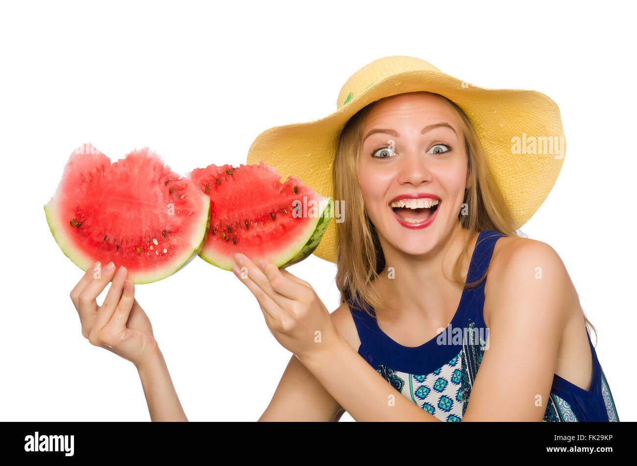Woman eating watermelon isolated on white Stock Photo - Alamy