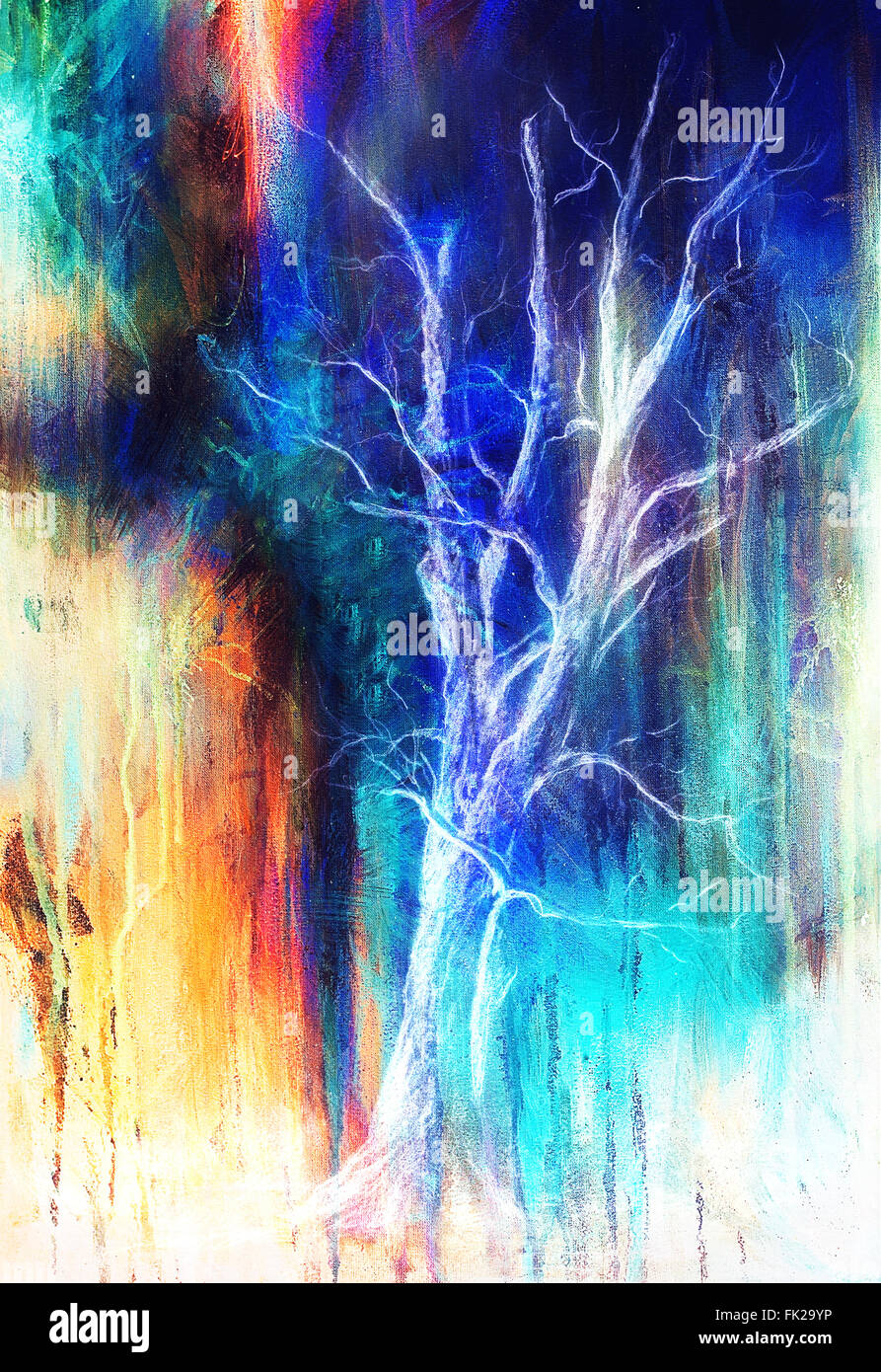 Painting tree in night landscape and abstract grunge background with ...