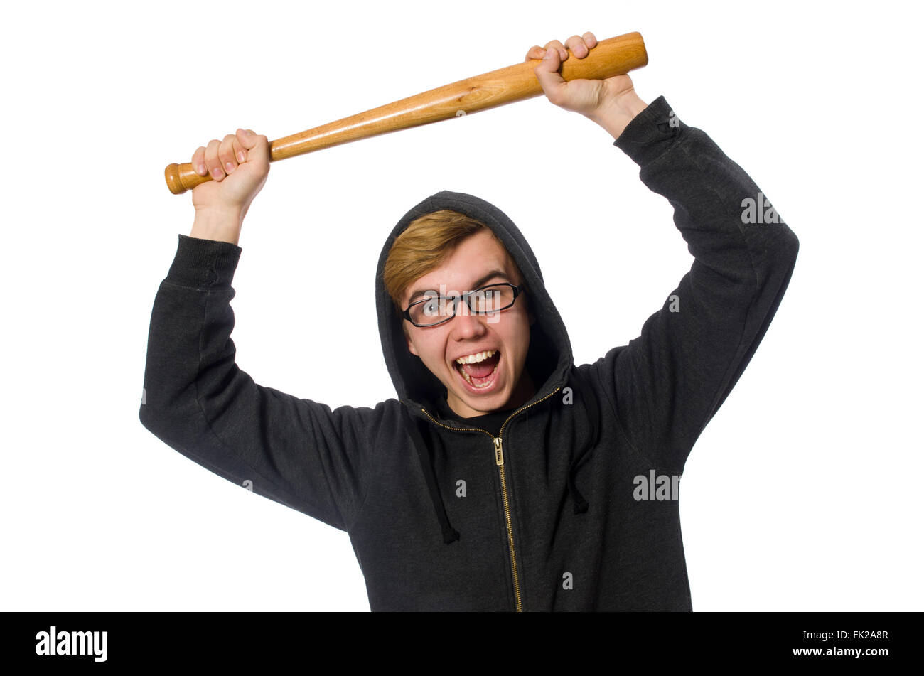 Aggressive man with baseball bat isolated on white Stock Photo - Alamy