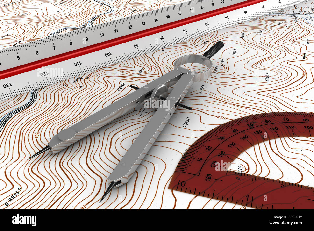 3d render of engineering tools over topographic map Stock Photo - Alamy