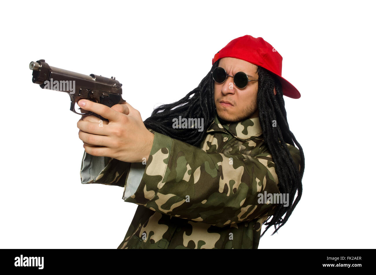 Funny guy with gun isolated on white Stock Photo - Alamy