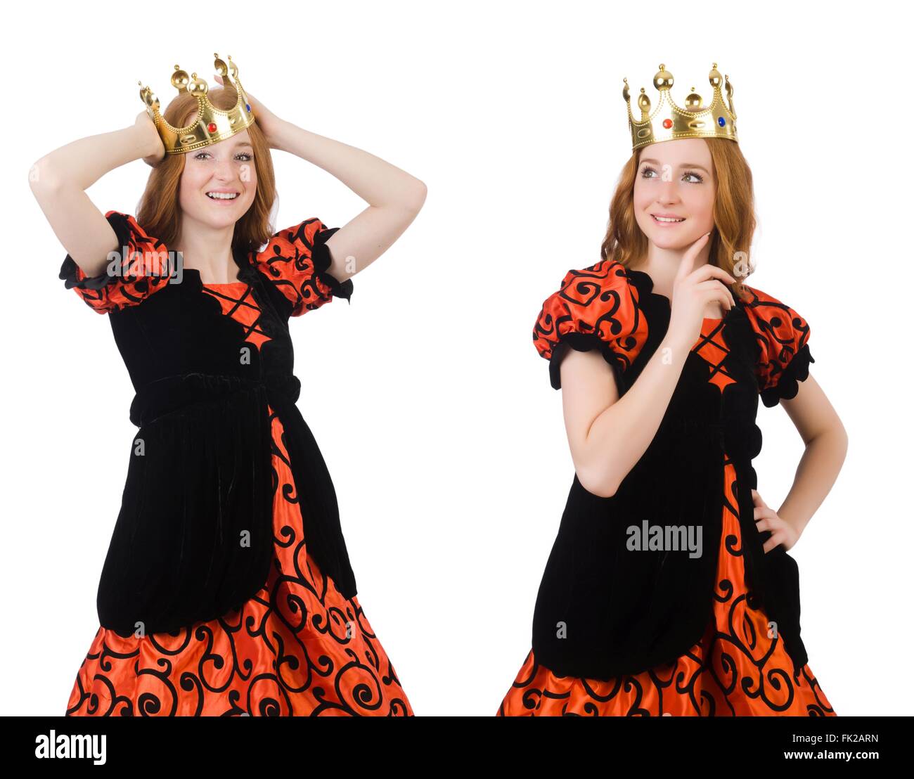 Funny woman queen wearing crown on white Stock Photo - Alamy