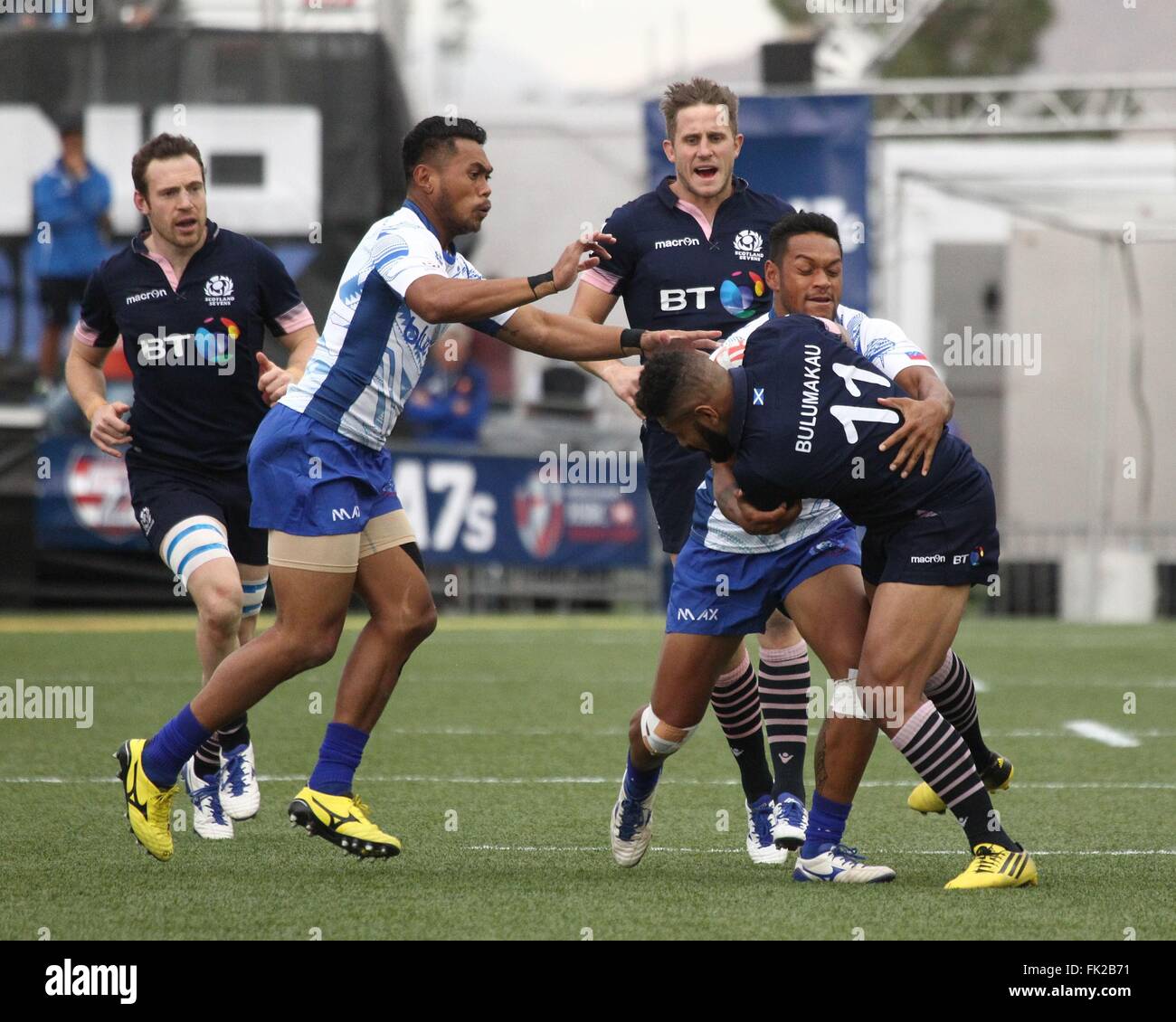 Las Vegas, NV, USA. 5th Mar, 2016. Tomasi Alosio of Samoa tackles ...