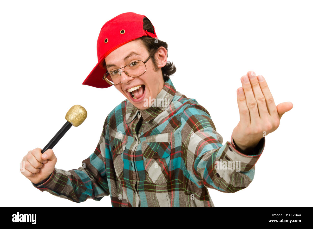 Funny guy singing isolated on white Stock Photo - Alamy