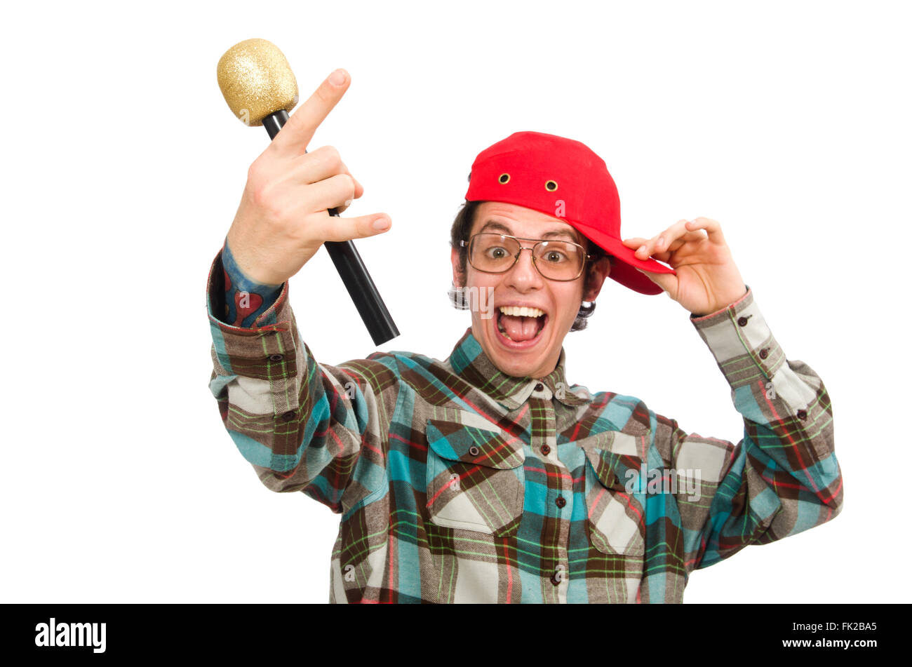 Funny guy singing isolated on white Stock Photo - Alamy