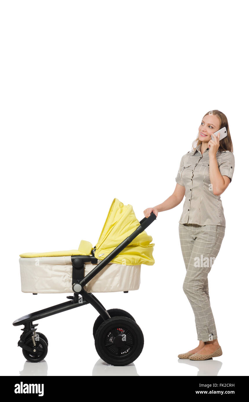 Woman with baby and pram isolated on white Stock Photo - Alamy