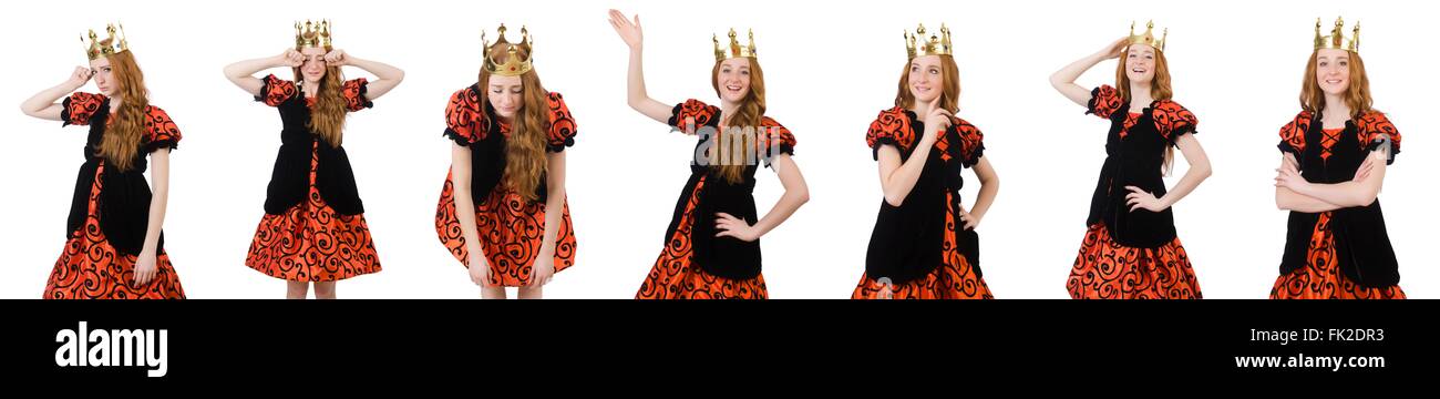 Funny woman queen wearing crown on white Stock Photo - Alamy