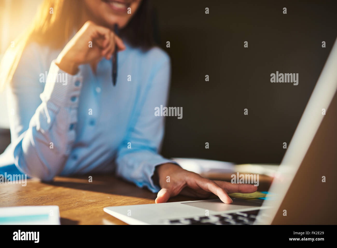 Closeup woman using laptop holding pen, half body visible Stock Photo ...