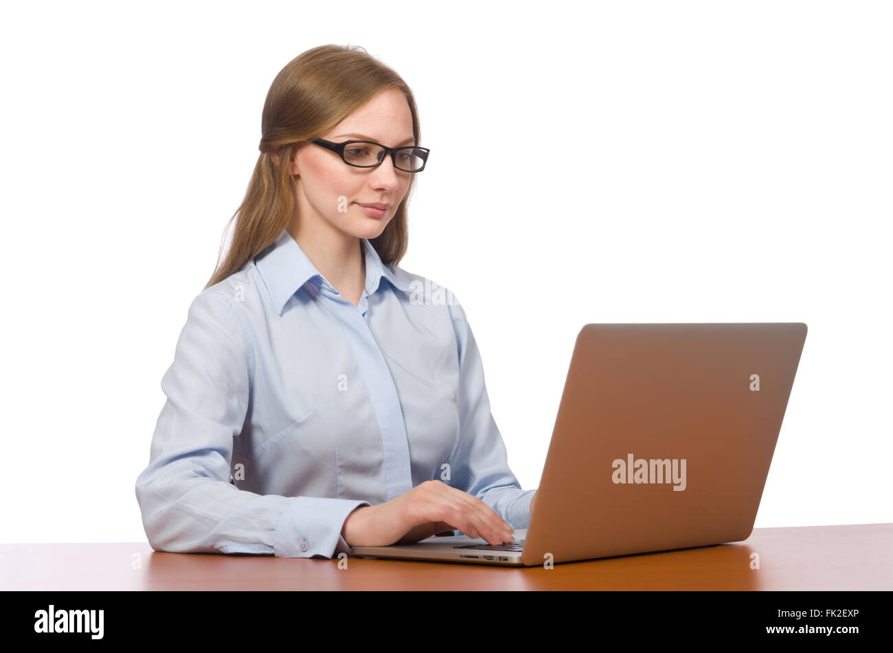 Office employee holding laptop isolated on white Stock Photo - Alamy