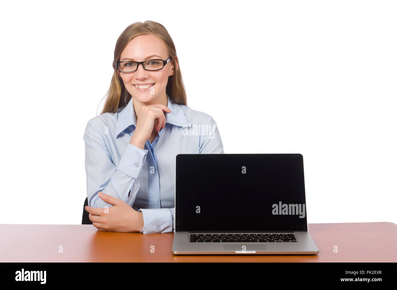 Office employee with laptop isolated on white Stock Photo - Alamy